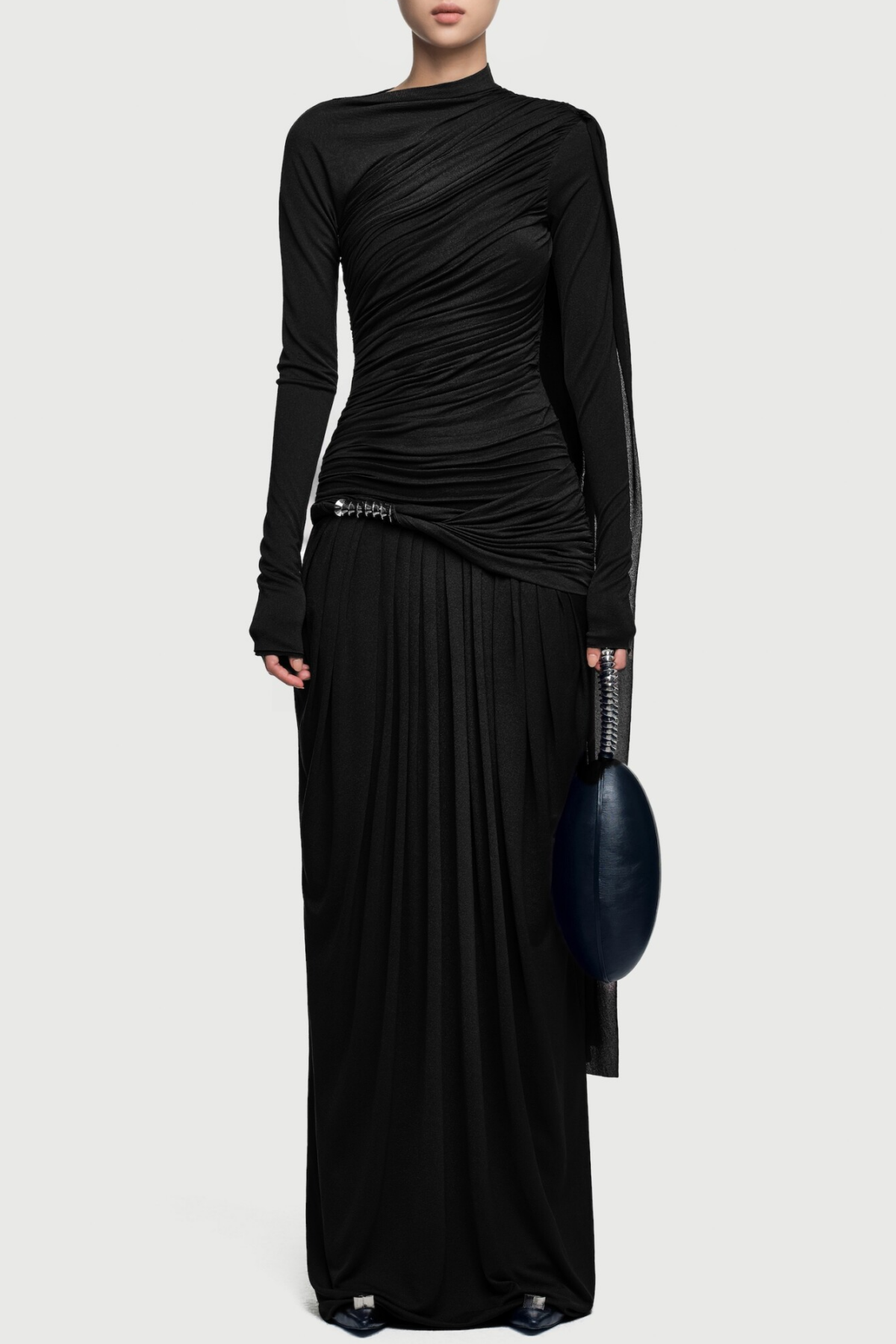 Annella Asymmetric Ruched Flap Maxi Dress - Black – SeenSense