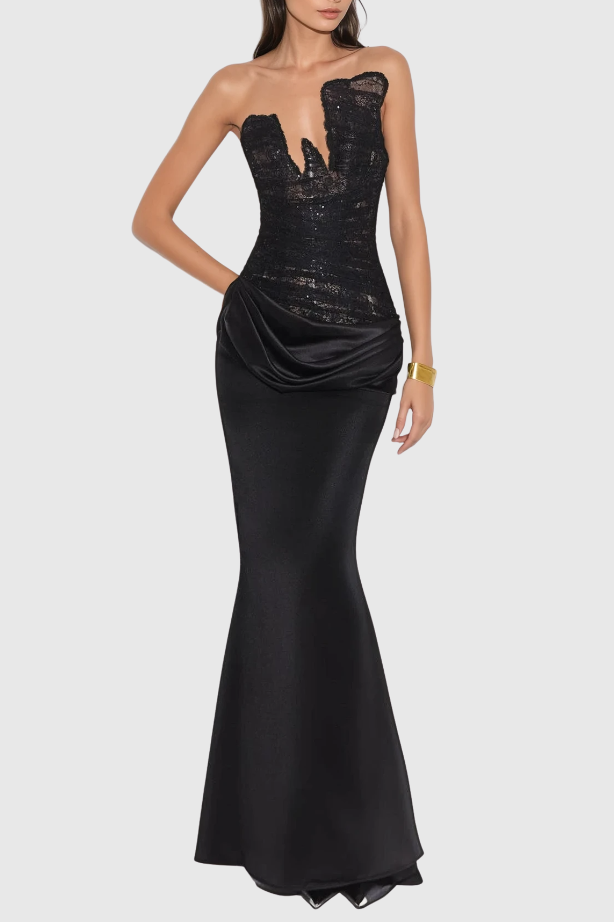 Wrena Strapless Corset Draped Maxi Dress - Black – SeenSense